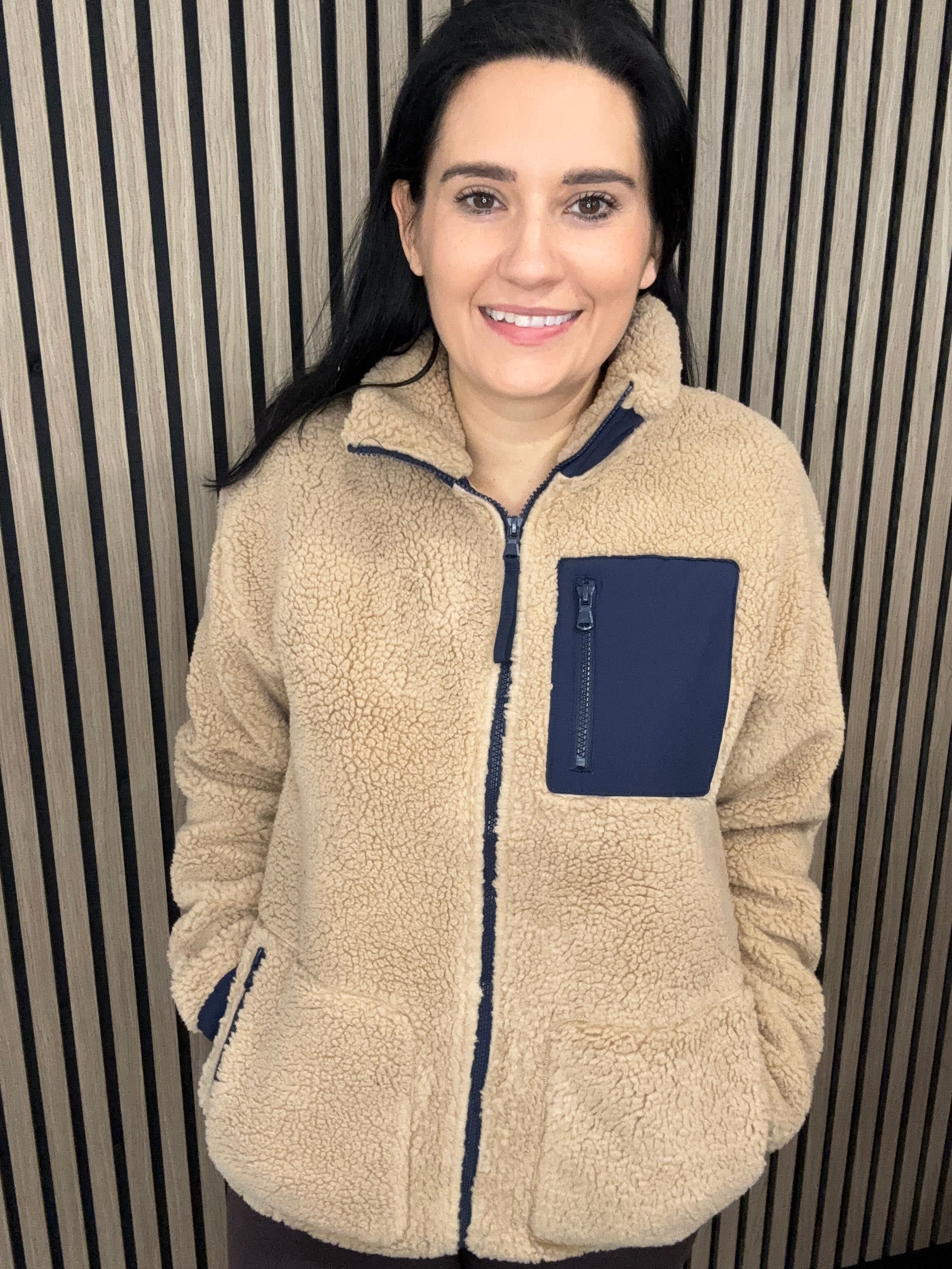 Industry High Collar Fleece Jacket in Sandstone with navy – NORA & KATIE